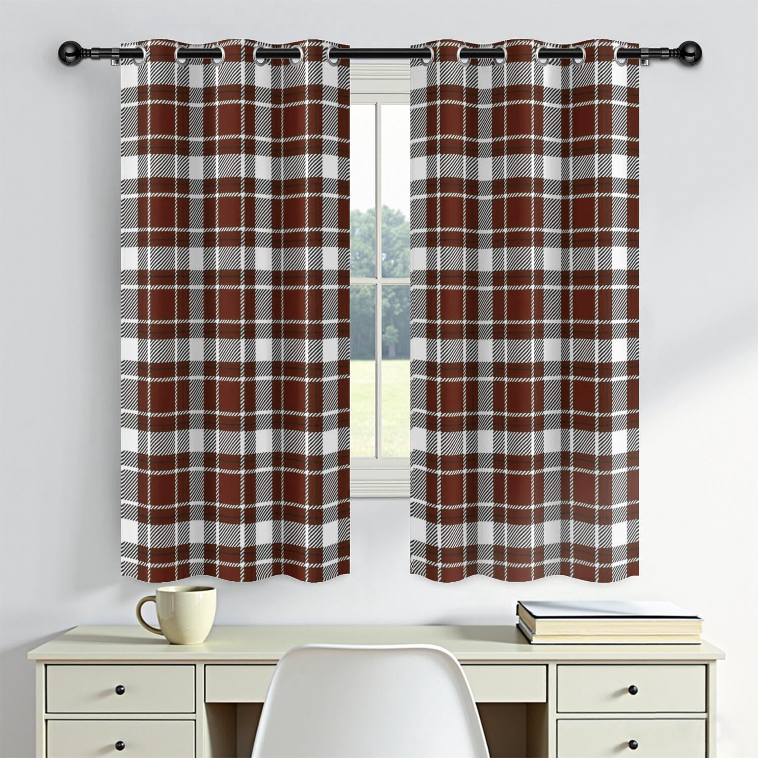 Brown and White Checkered Pattern Blackout Curtains,Triple Weaved ...