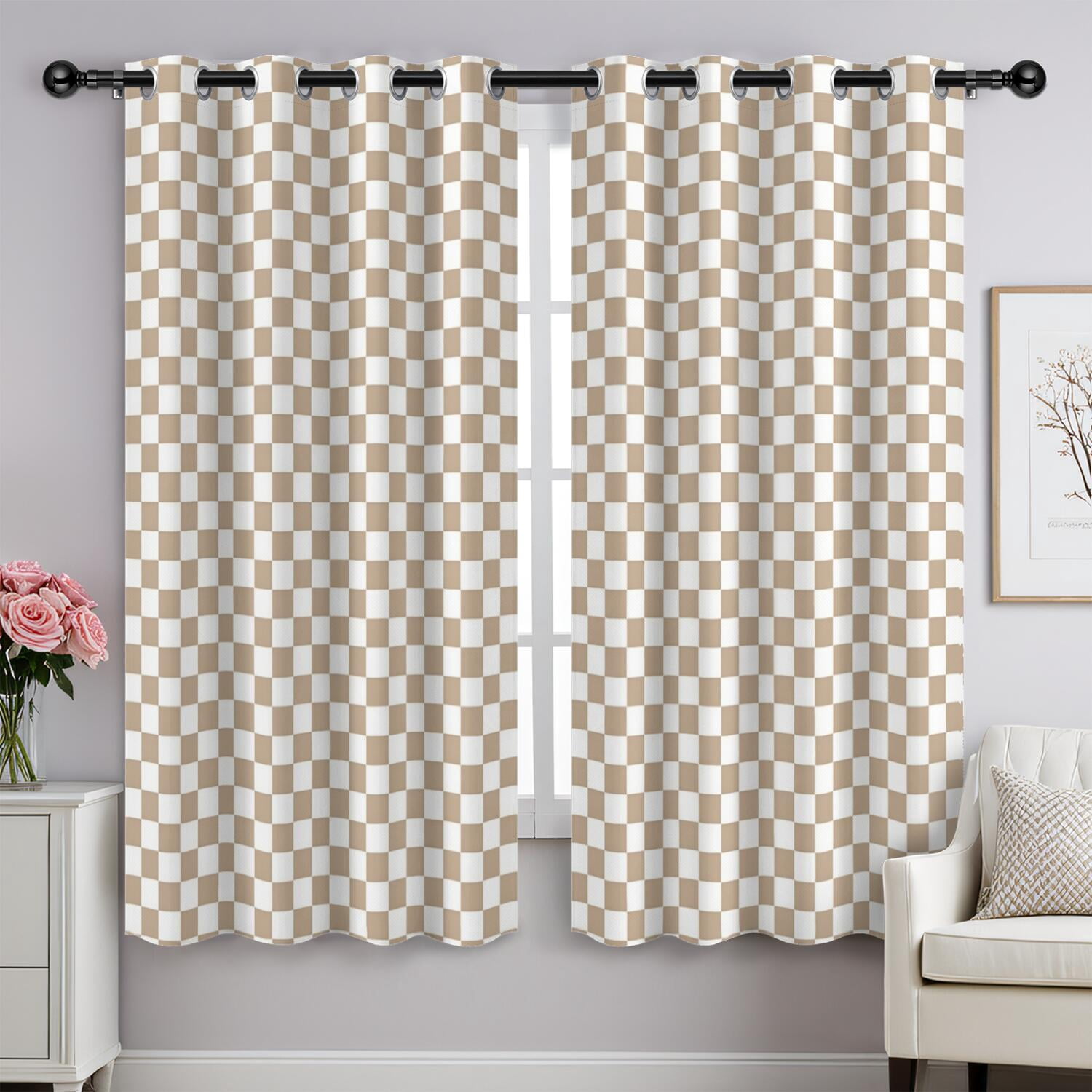 Brown and White Checkered Pattern Blackout Curtains,Triple Weaved ...