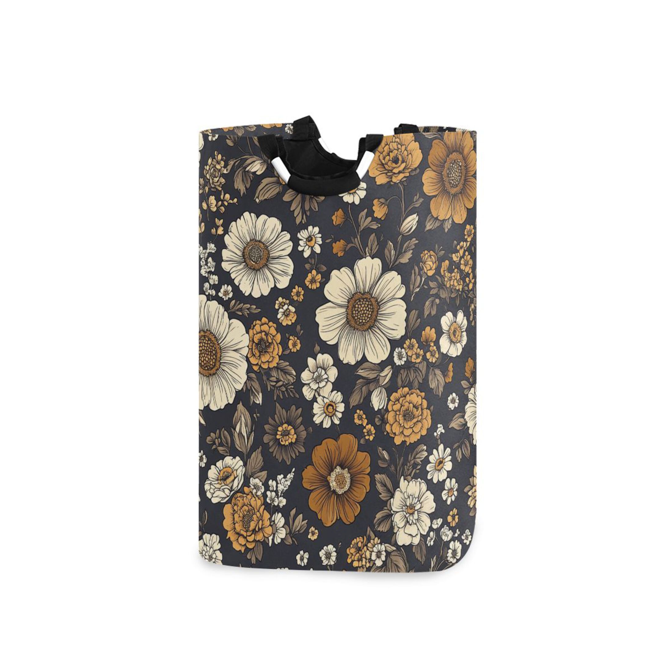 Brown and White Floral Laundry Basket with Handles 50L Collapsible ...