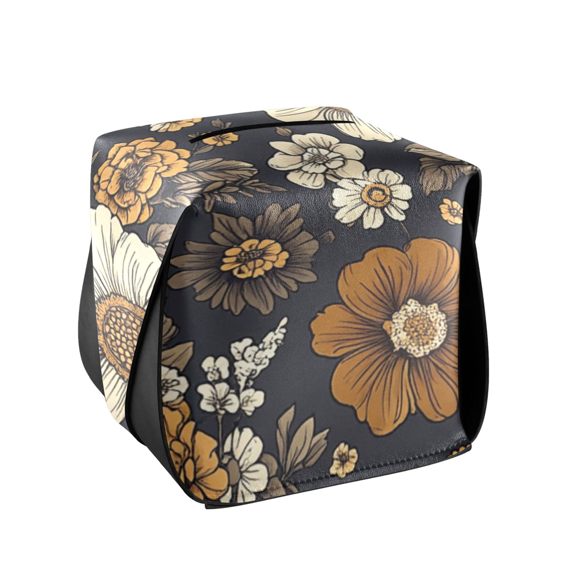 Brown and White Floral Tissue Box Cover Leather Square Rectangle Tissue ...