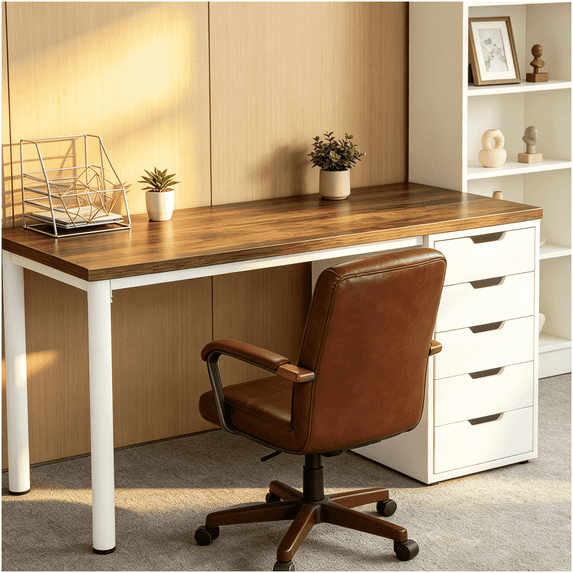 Brown and White Home Office Desk with Drawers, Computer Workstation for ...