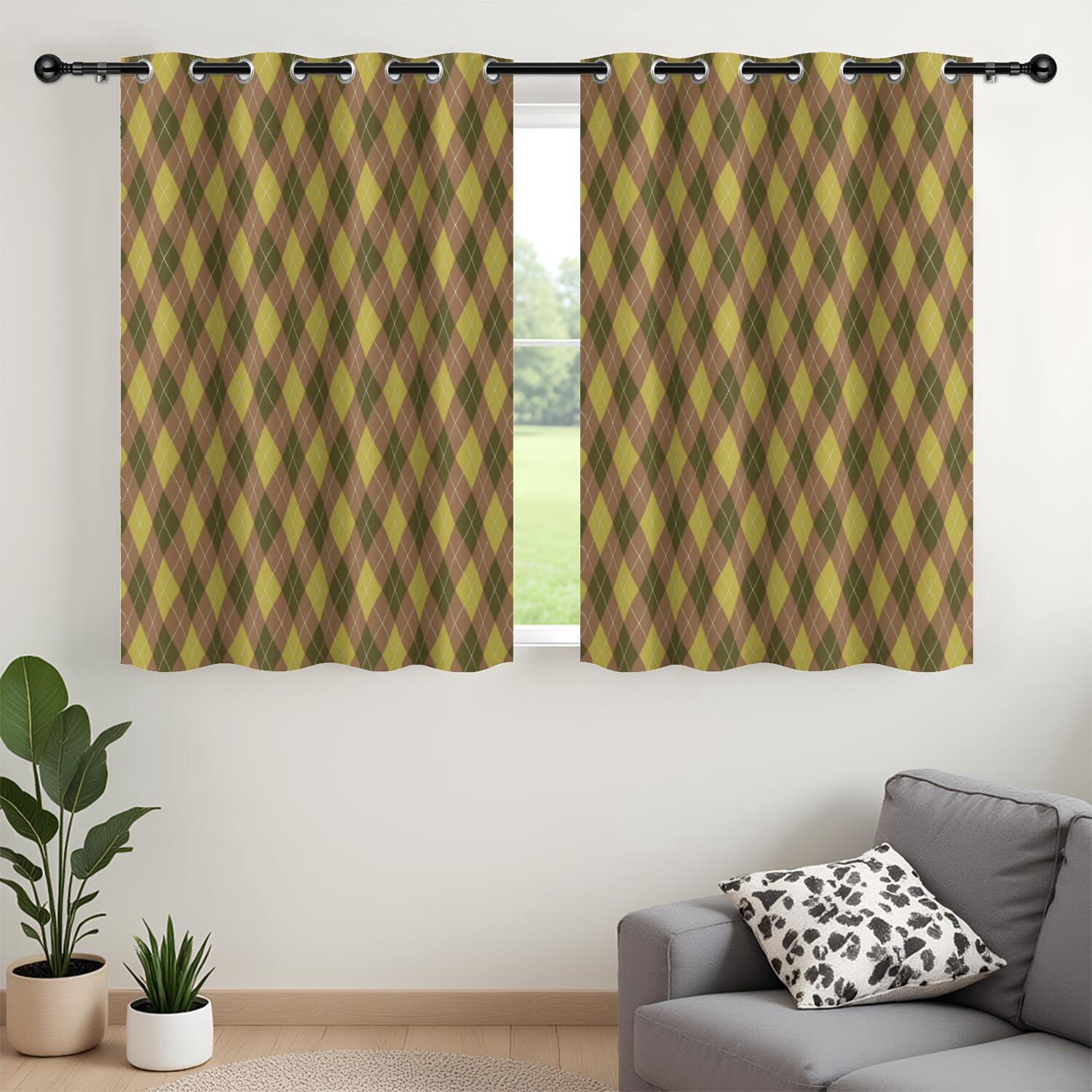 Brown and Yellow Argyle Pattern Blackout Curtains,Triple Weaved Fabric ...