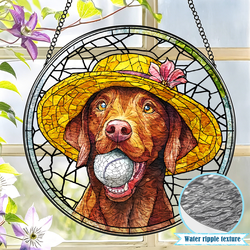 Brown dog yellow straw hat pink flower Stained Glass Design. Best ...