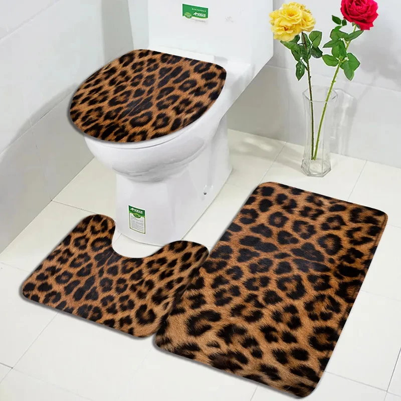 Brown leopard print bath mat set fashion wild animal fur pattern modern ...