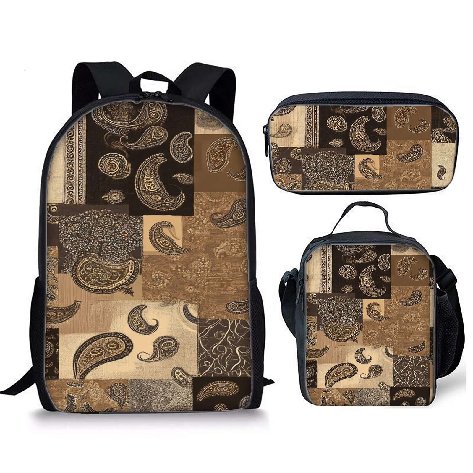 Brown paisley patchwork fabric design Backpacks Bookbag Bags Rucksack Lunch Bag Pen Bag Three ...