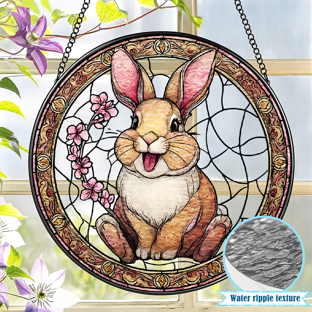Brown rabbit pink ears floral frame Stained Glass Design. Best ...