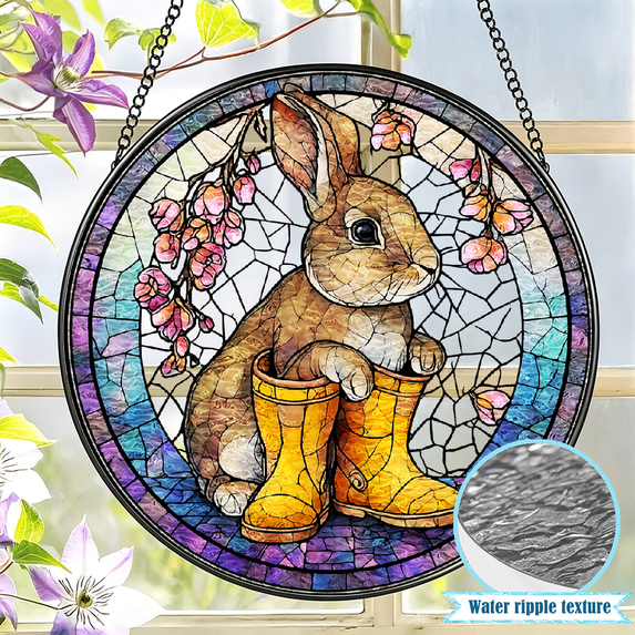 Brown rabbit yellow rain boots pink flowers Stained Glass Design. Best ...