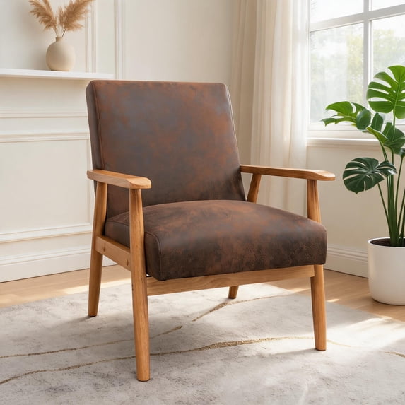 Brown-toned Classic Mid-Century Modern Solid Wood Arm Chair Microfiber ...