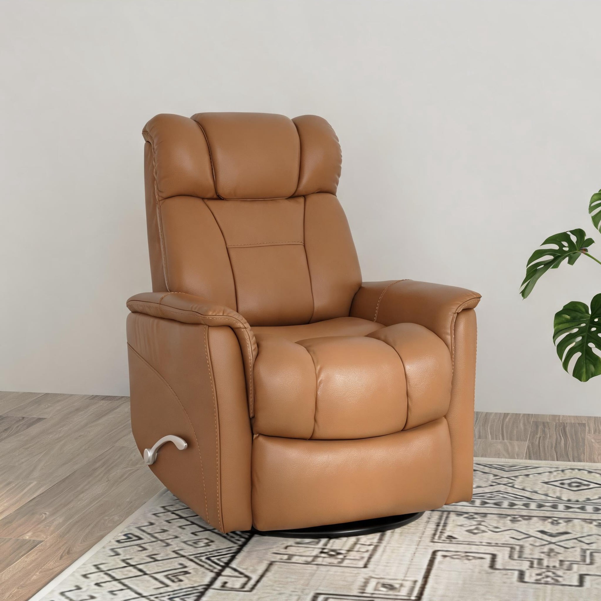 Brown-toned top grain leather swivel glider recliner with manual ...