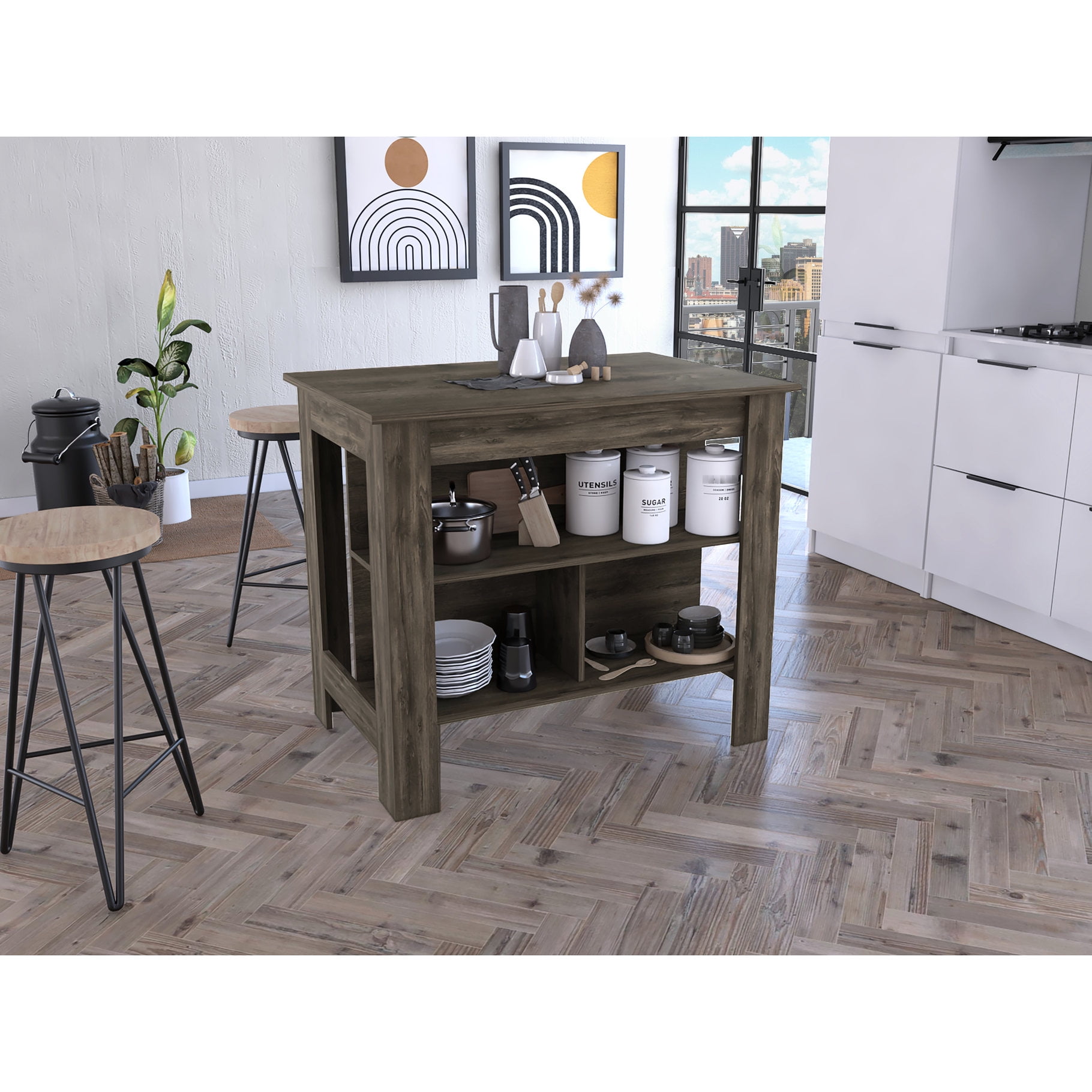 Brown wood tone - Fit stools under table - Kitchen island set - Enhance ...