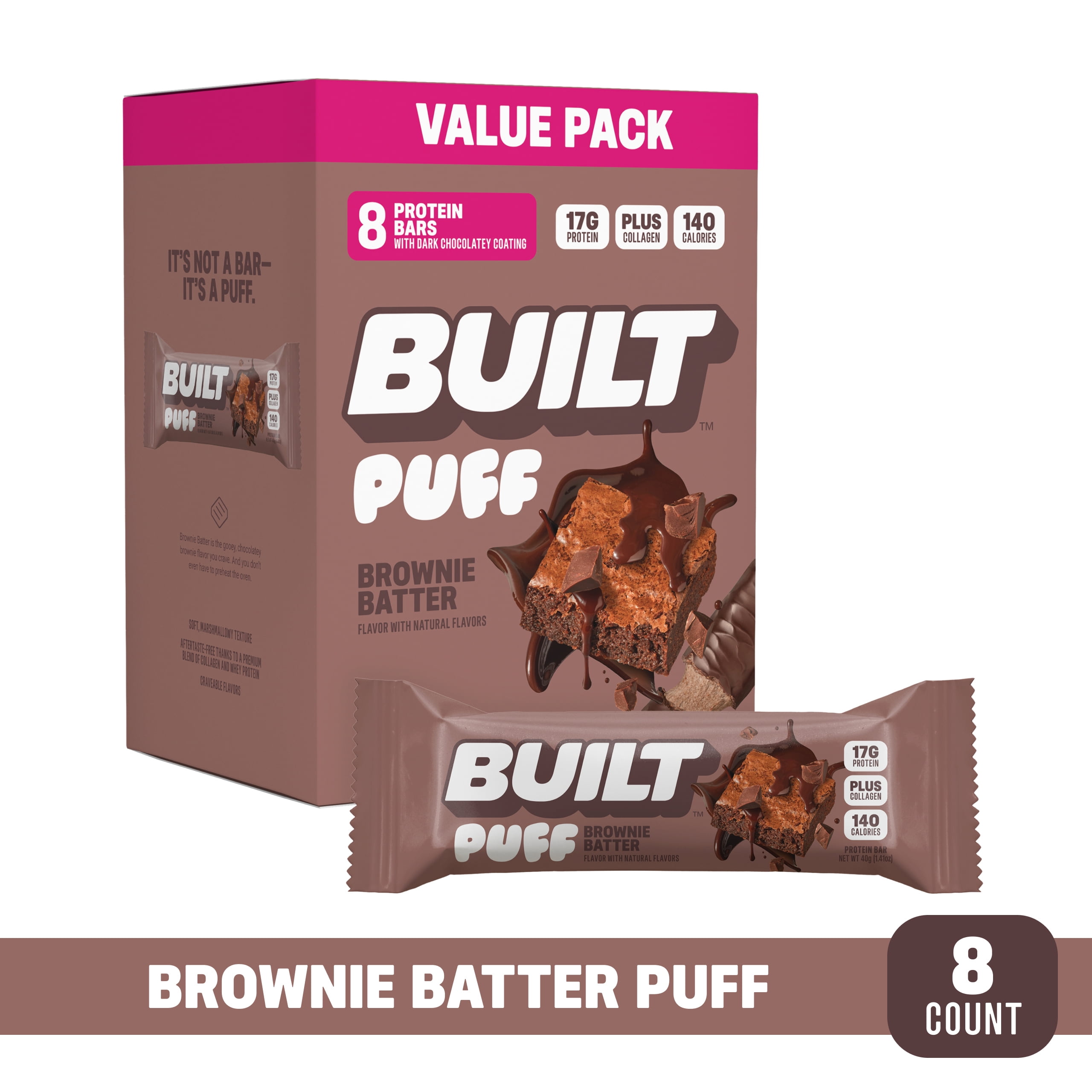 BUILT Puff Protein Bar, Brownie Batter, 17g Protein, Collagen, 140 ...