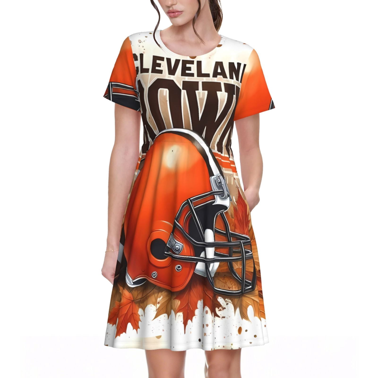 Browns Women's Short Sleeve Dress Ball Team Print Round Neck Summer ...