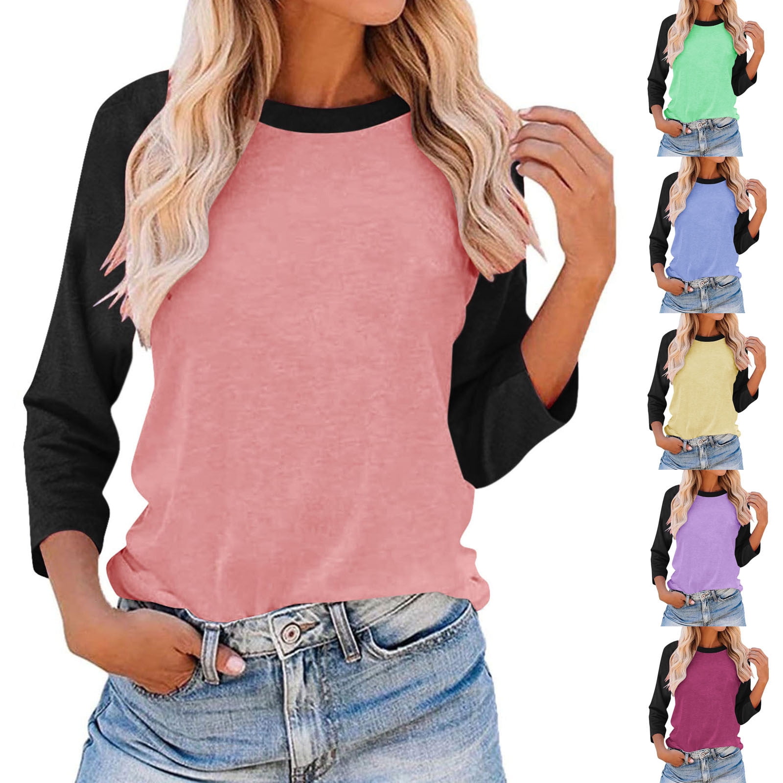 Brqkzdu 3/4 Length Sleeve Shirt Womens Crew Neck Color Block Dressy ...