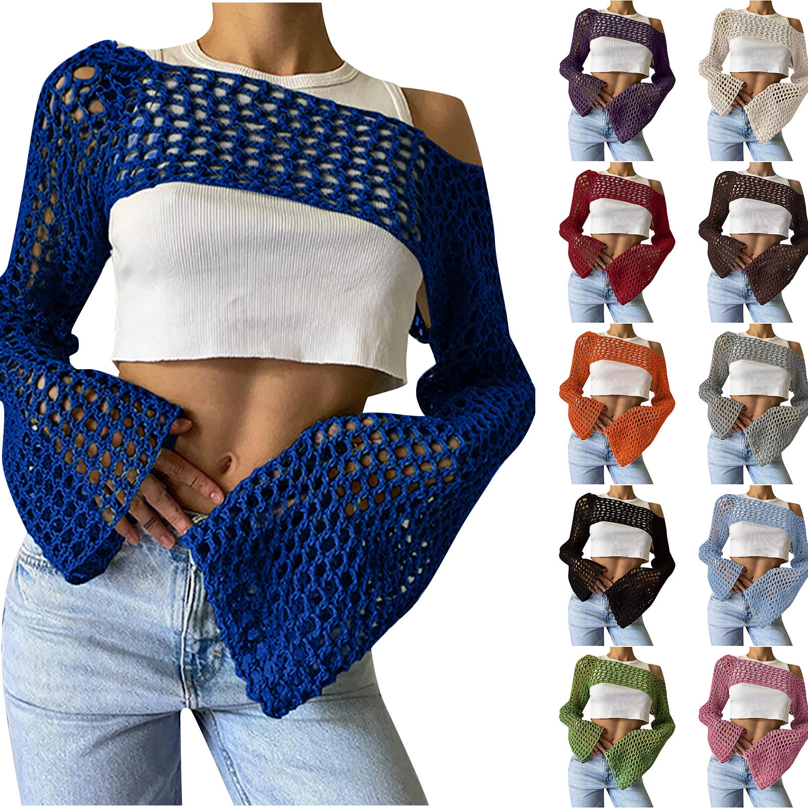 Brqkzdu Crochet Crop Tops For Women Long Sleeve Hollow Out Bikini Cover