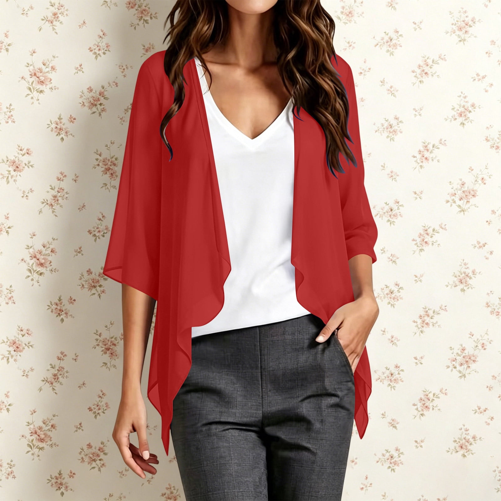 Brqkzdu Lightweight Kimonos for Women 3/4 Sleeve Open Front Draped ...