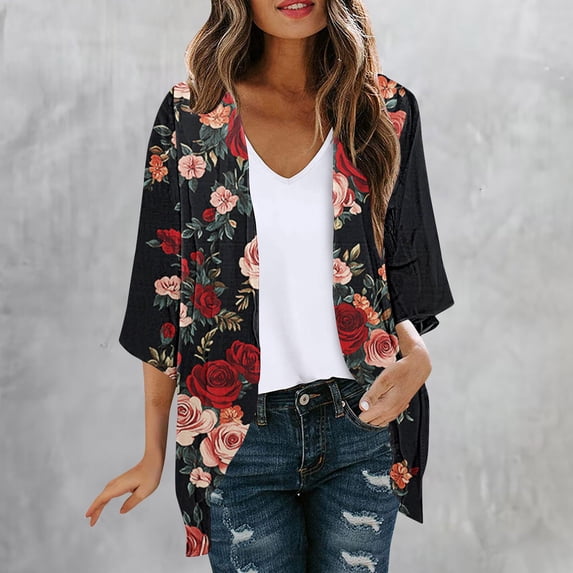 Brqkzdu Lightweight Open Front Kimonos for Women Puff Sleeve Floral ...