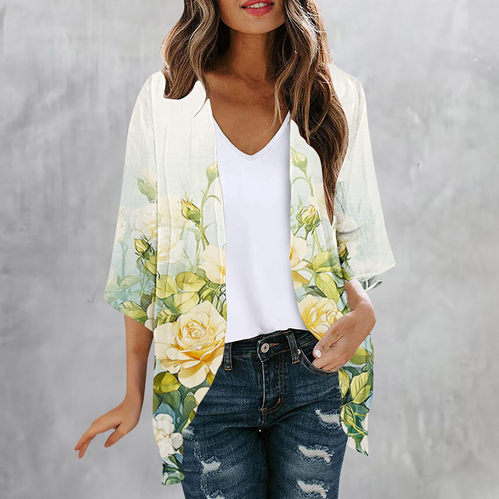Brqkzdu Lightweight Open Front Kimonos for Women Puff Sleeve Floral ...