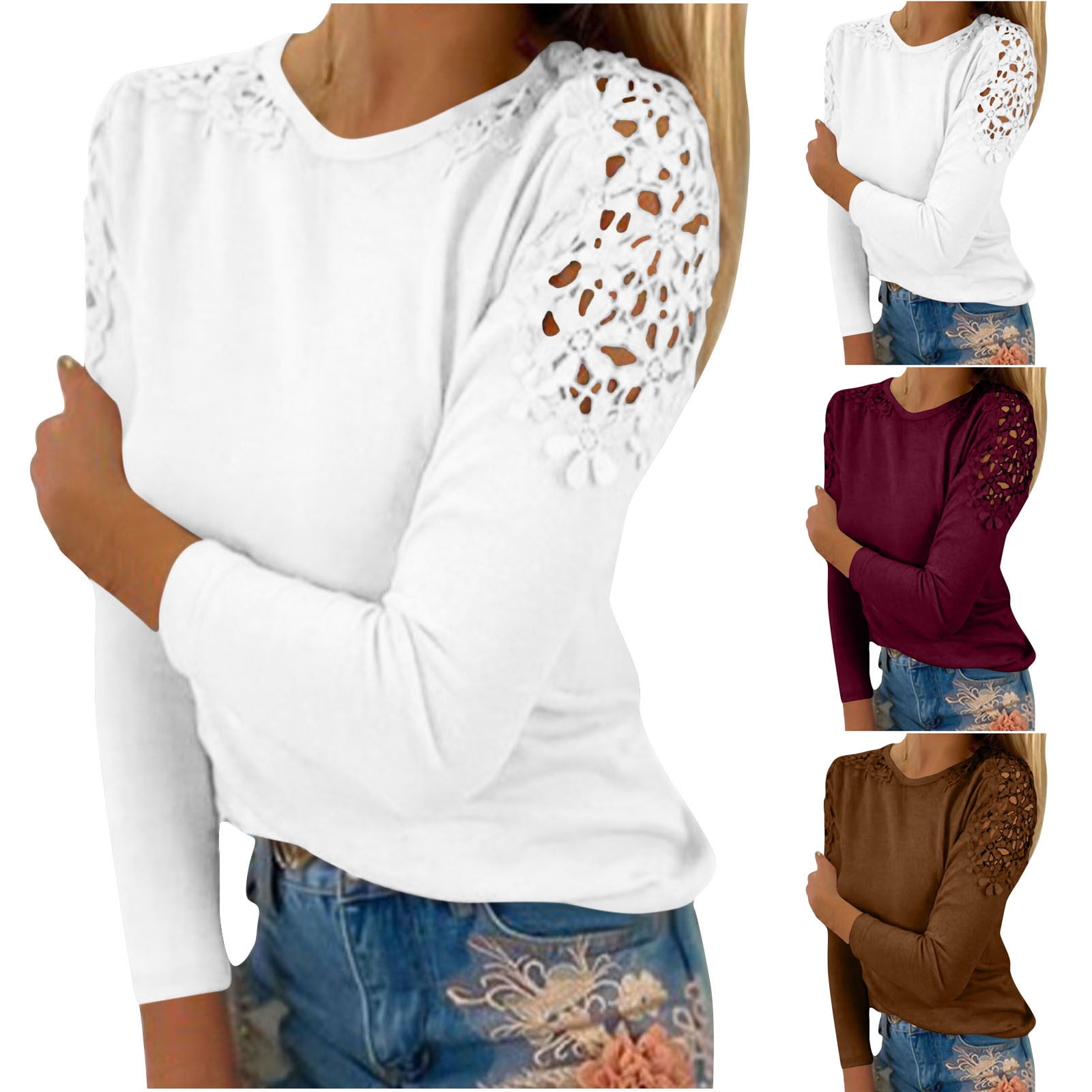 Brqkzdu Long Sleeve Lace Shirt Women Crew Neck Hollow Out Dressy Casual ...
