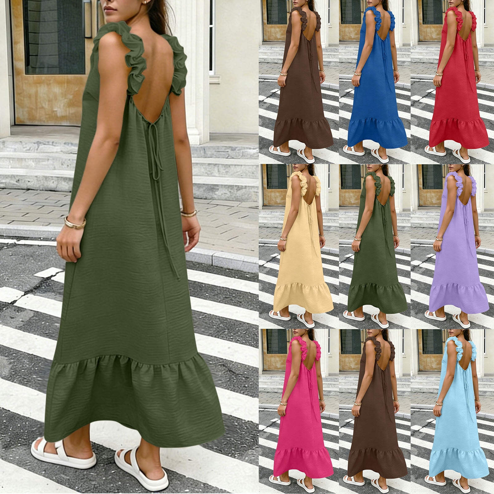 Brqkzdu Ruffle Cami Dress Women Summer Sleeveless Maxi Dresses Open ...