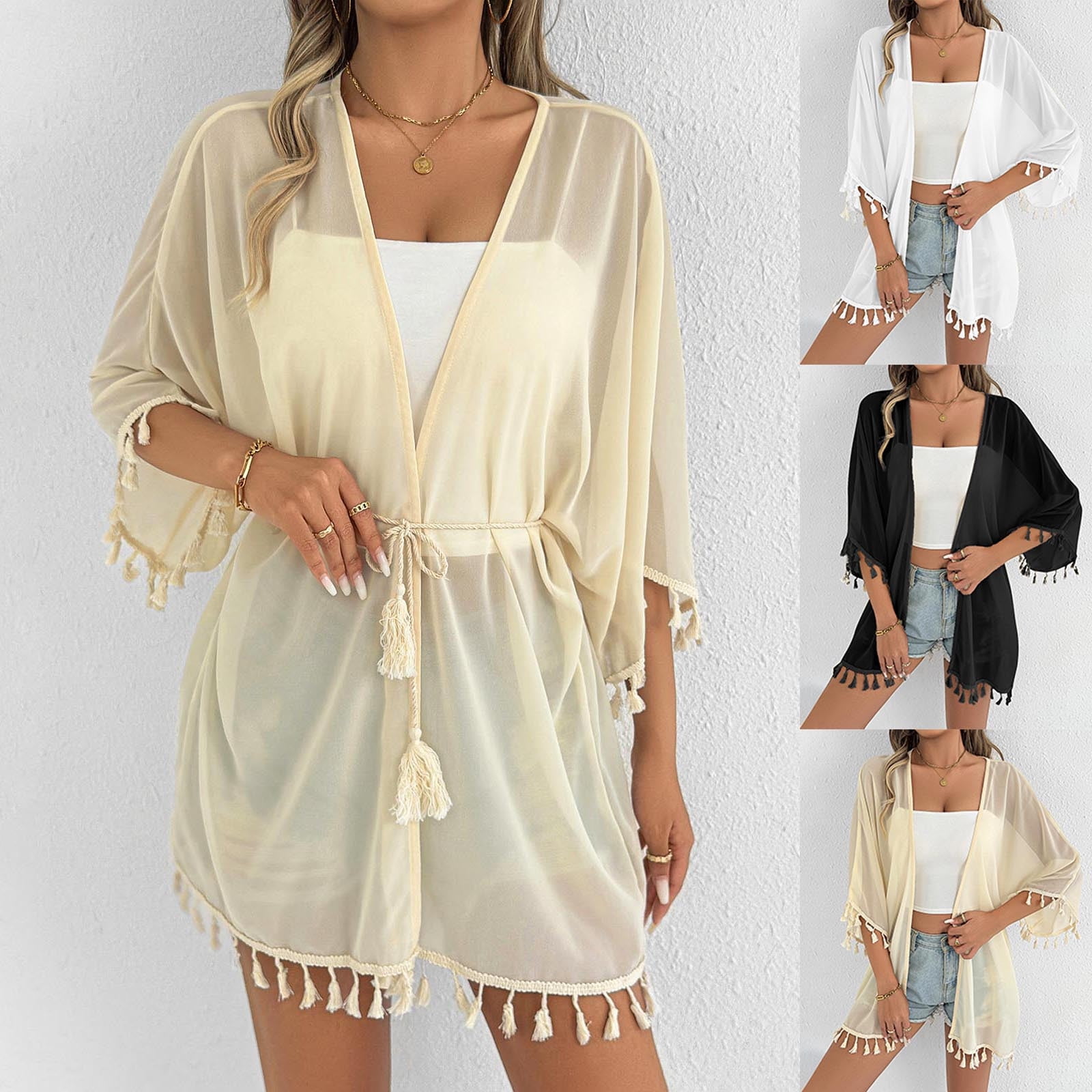 Brqkzdu Sheer Cardigans for Women Lightweight 3/4 Sleeve Mesh Kimono ...