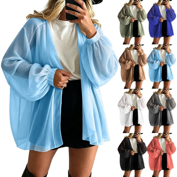 Brqkzdu Sheer Kimonos for Women Lantern Long Sleeve Open Front Chiffon ...