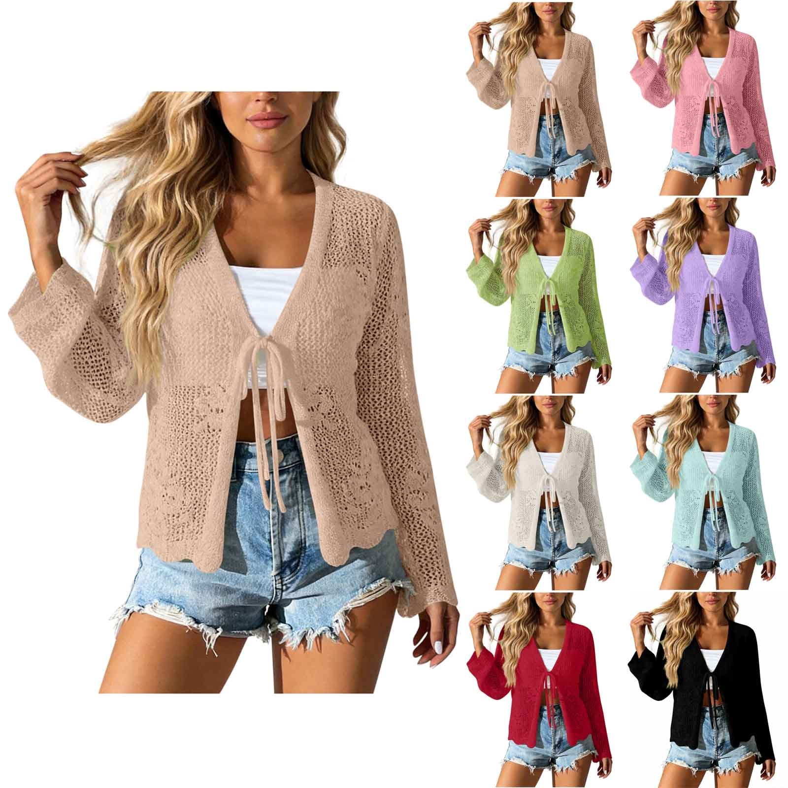 Brqkzdu Women Crochet Cardigan Summer Open Front Tie Long Sleeve ...