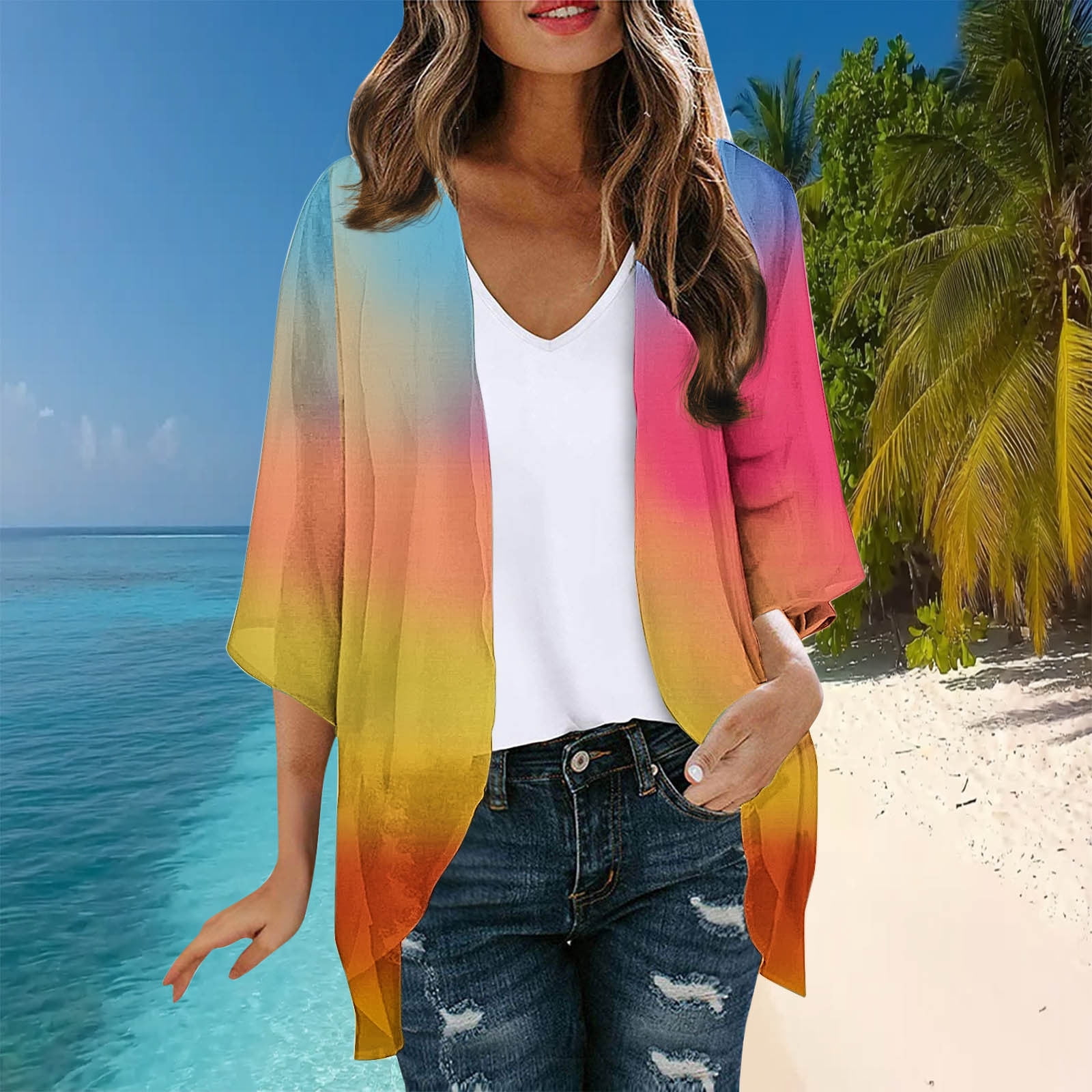 Brqkzdu Women Kimono Cardigans Open Front 3/4 Sleeve Casual Colorful ...