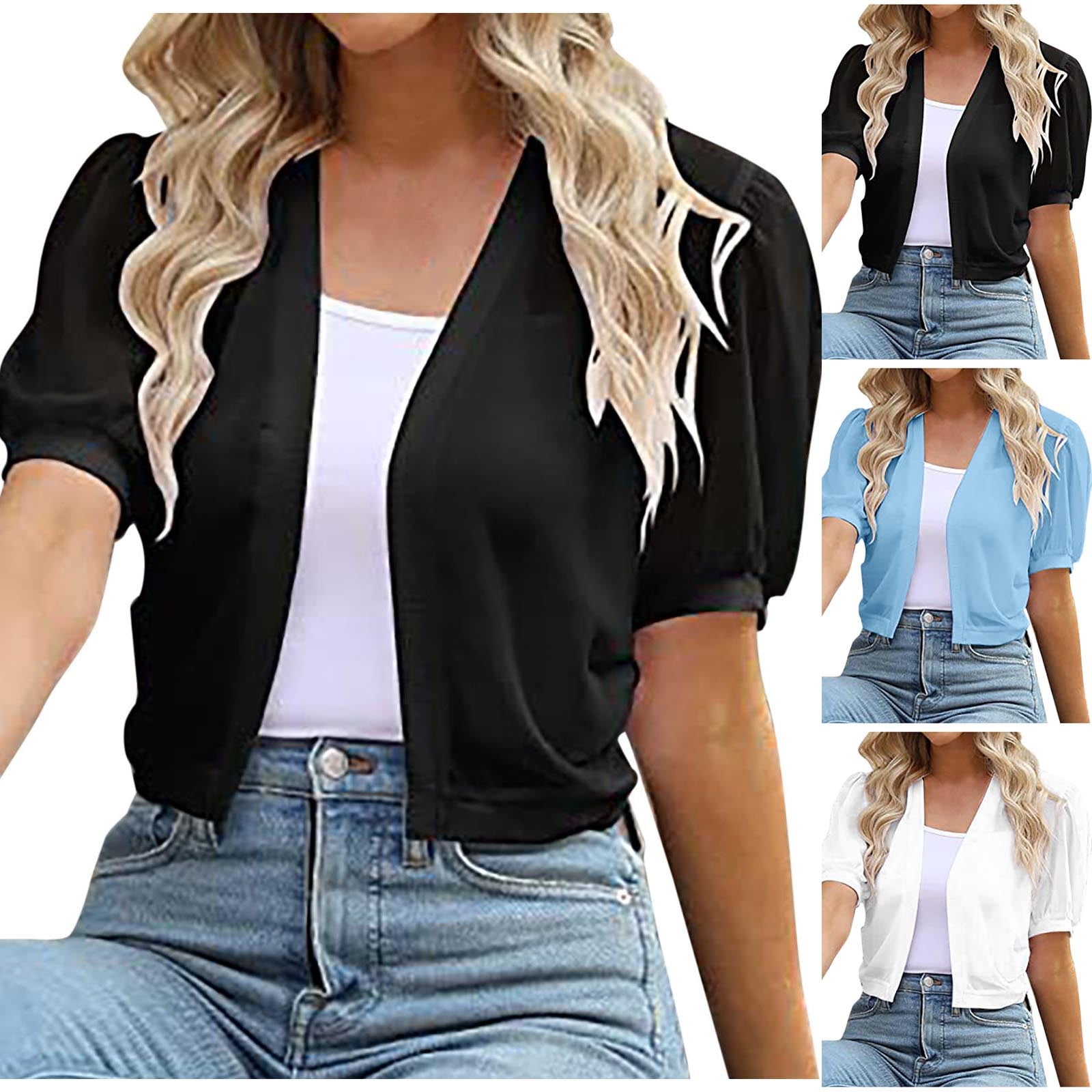 Brqkzdu Women's Cropped Cardigan Open Front Short Sleeve Chiffon Bolero ...
