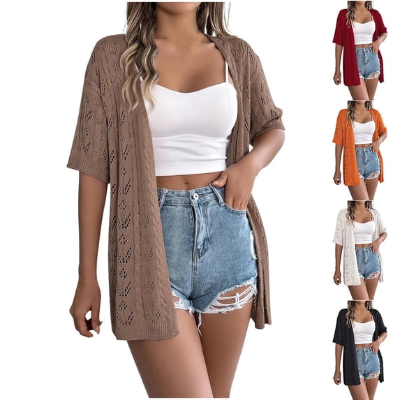 Brqkzdu Womens Crochet Knit Cardigan Sweaters Open-Front Short Sleeve ...
