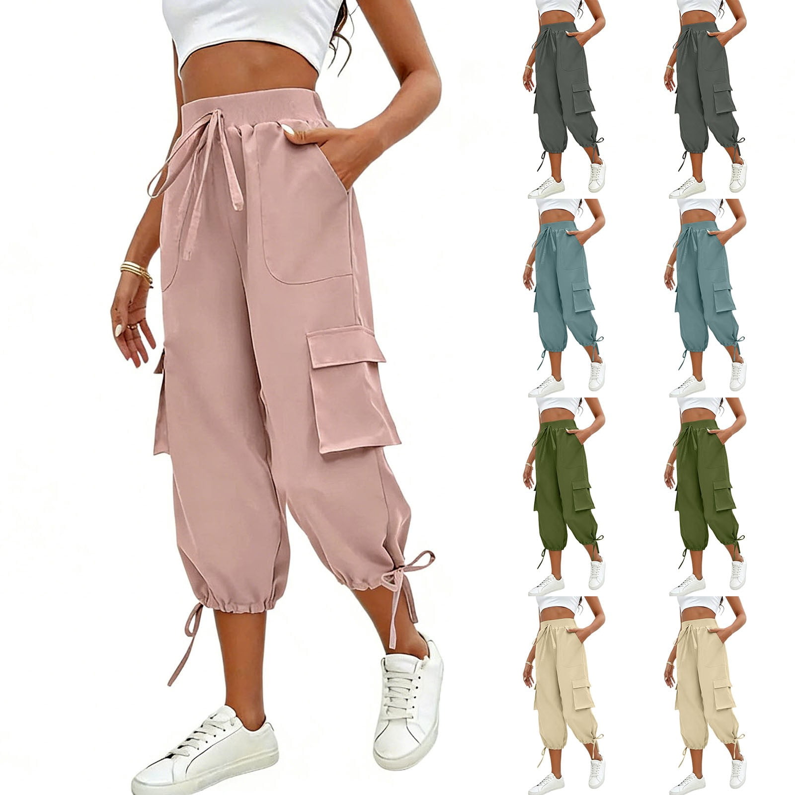 Brqkzdu Womens Parachute Capri Pants Elastic High Waist Drawstring ...