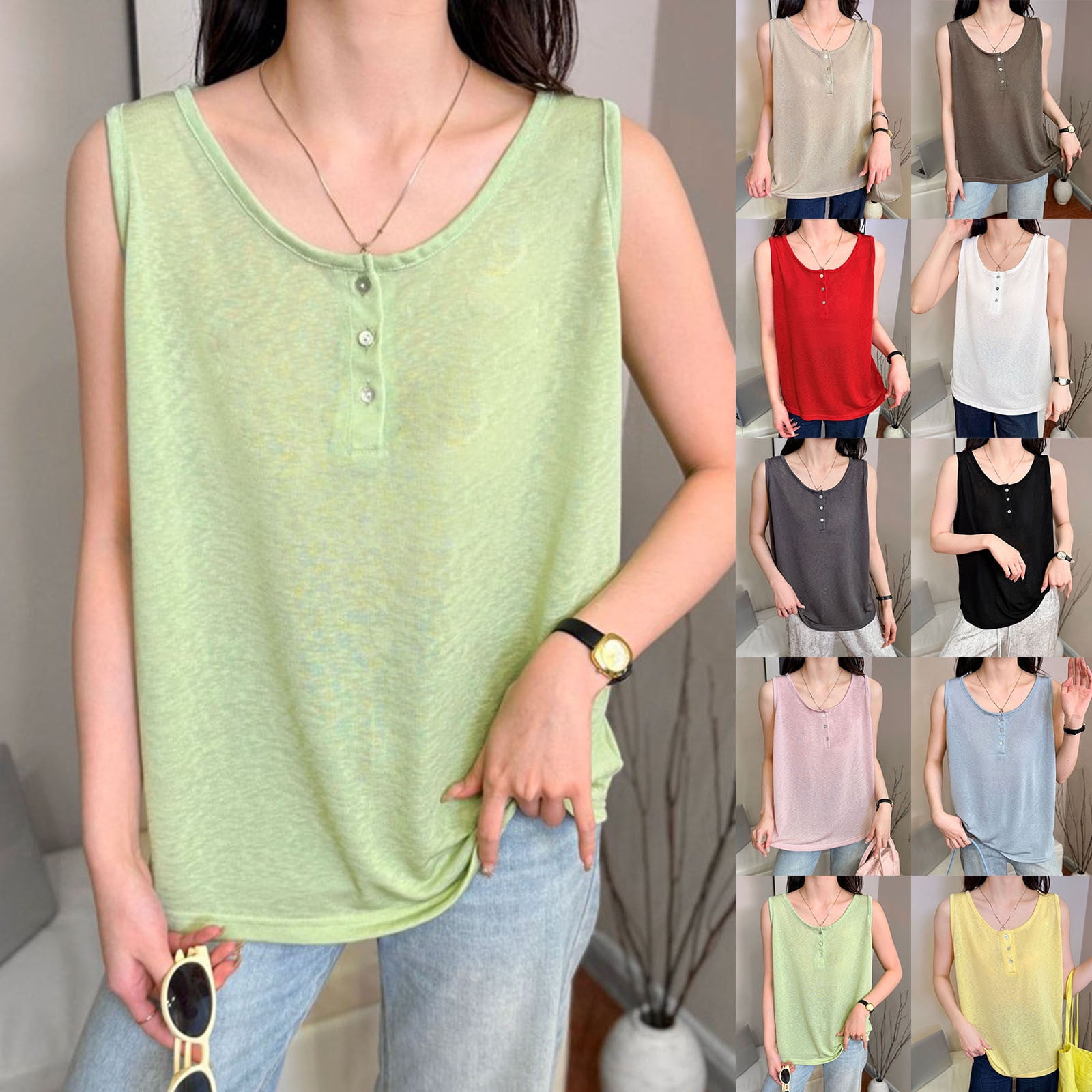 Brqkzdu Womens Tank Tops Summer Crew Neck Loose Fit Henley Neck ...