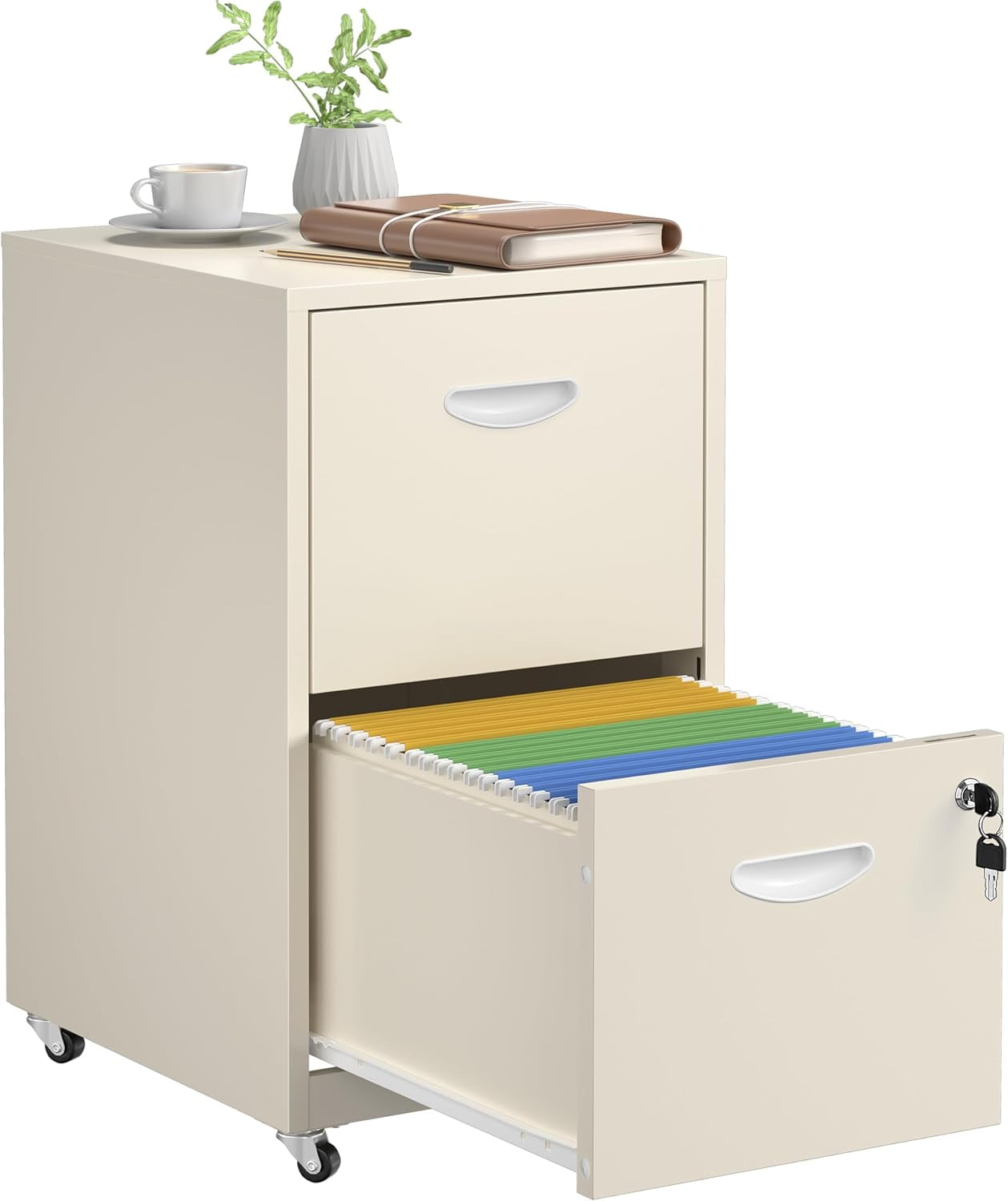 Brtye 2 Drawer File Cabinet with Lock，Cream Rolling File Cabinet for ...