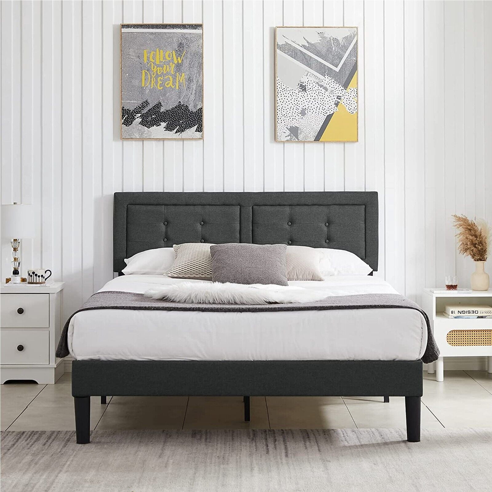 Brtye Bed Frame with Headboard, Wood Platform Bed No Box Spring Needed ...