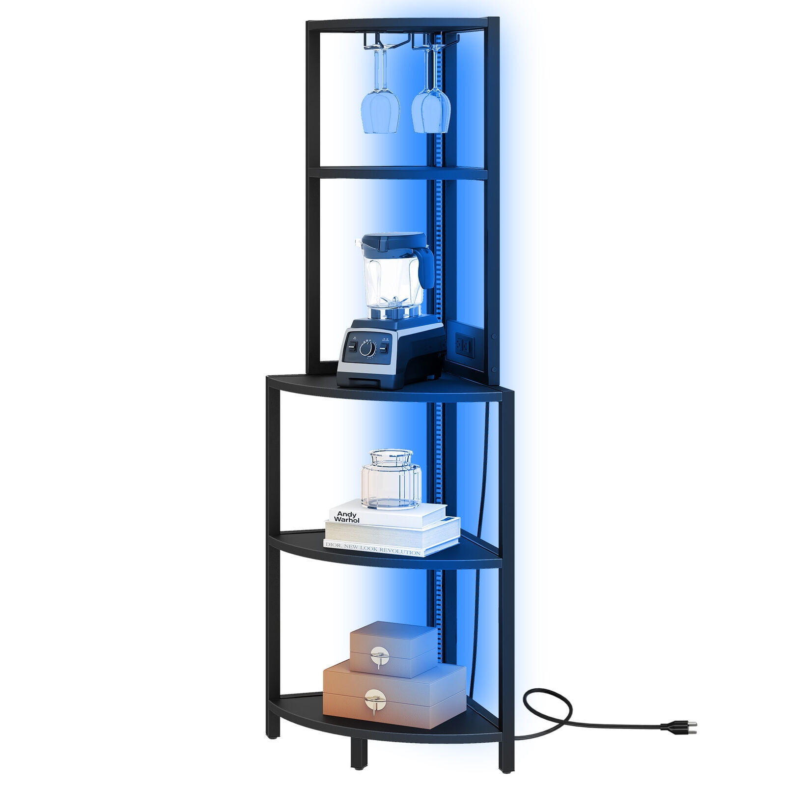 Brtye Corner Shelf with Power Outlets & LED Lights & Glass Holder, 5 ...