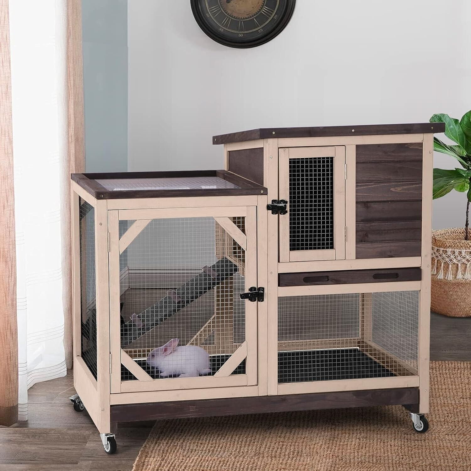 Brtye Rabbit Hutch Indoor Rabbit Cage with Wheels Outdoor Bunny House 2 ...