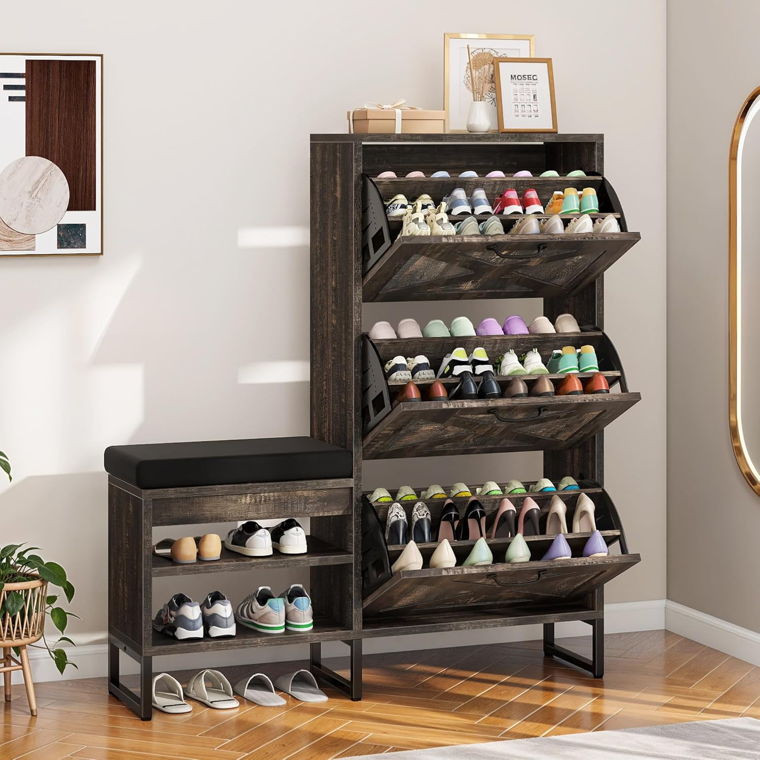 Brtye Shoe Bench with 3 Flip Drawers , Hidden Shoe Organizer for ...