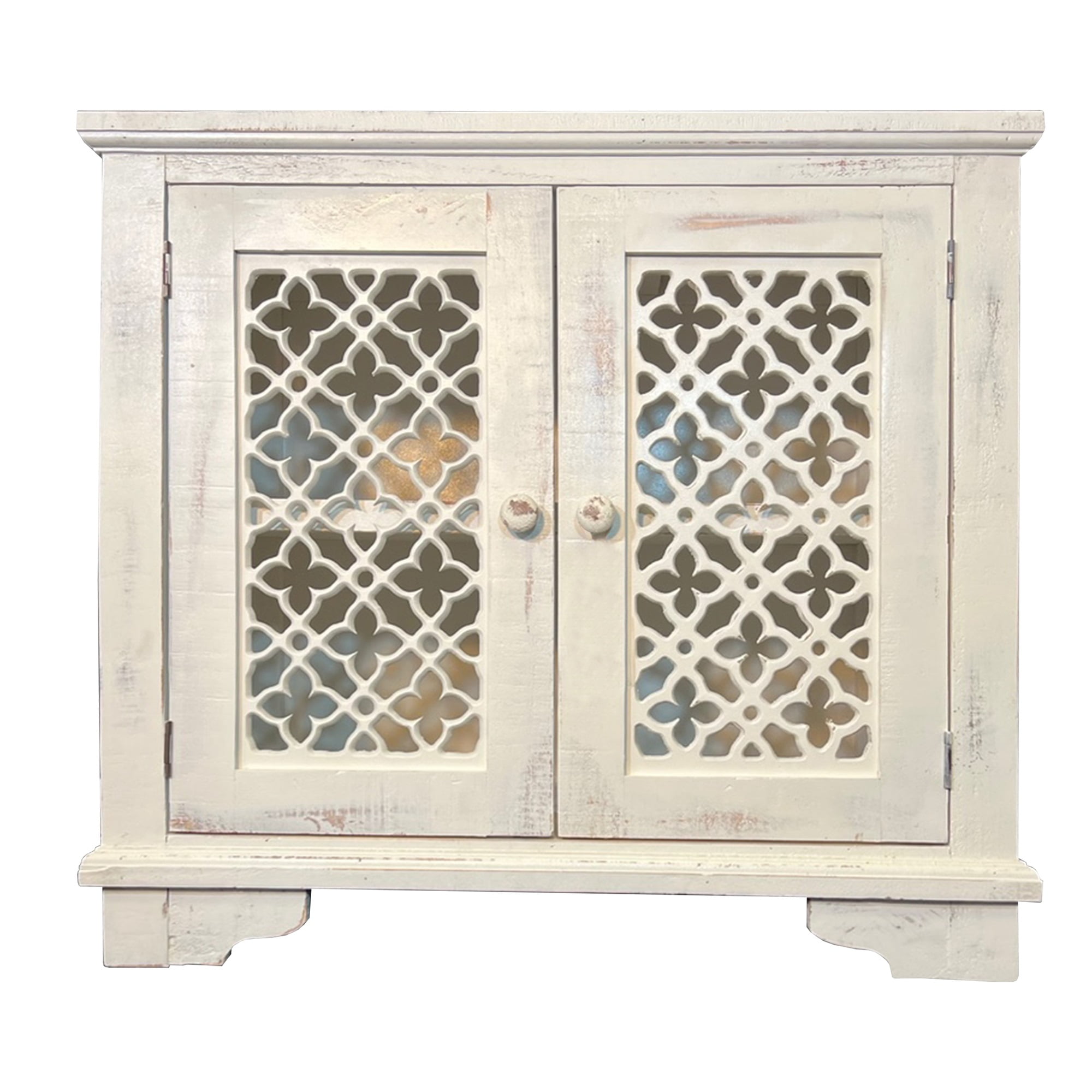 Bruce 34 Inch 2 Door Solid Wood Storage Console Cabinet, Quatrefoil Cut ...