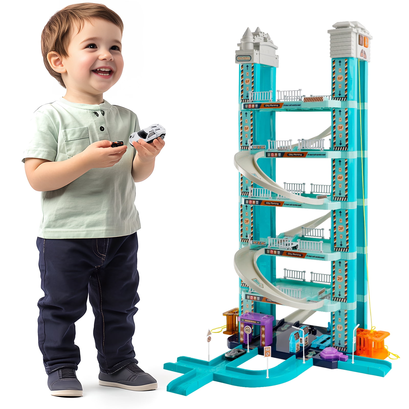 Bruce&Shark Garage Playset Race Car Track Set, 6 Floors Parking Lot ...