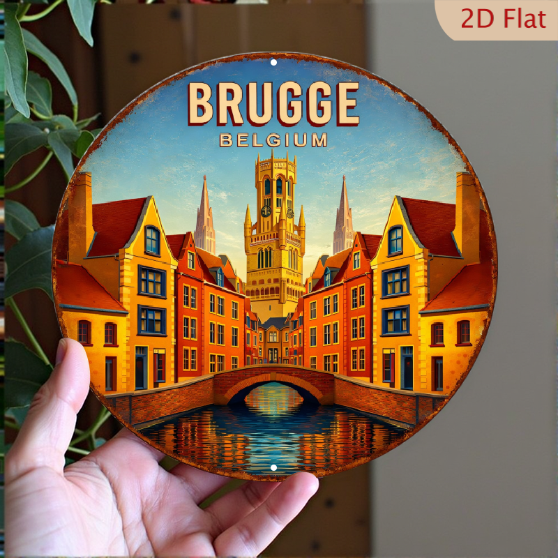 Bruges Belgium Travel Poster Wall Art, Vintage Canal Architecture Round ...