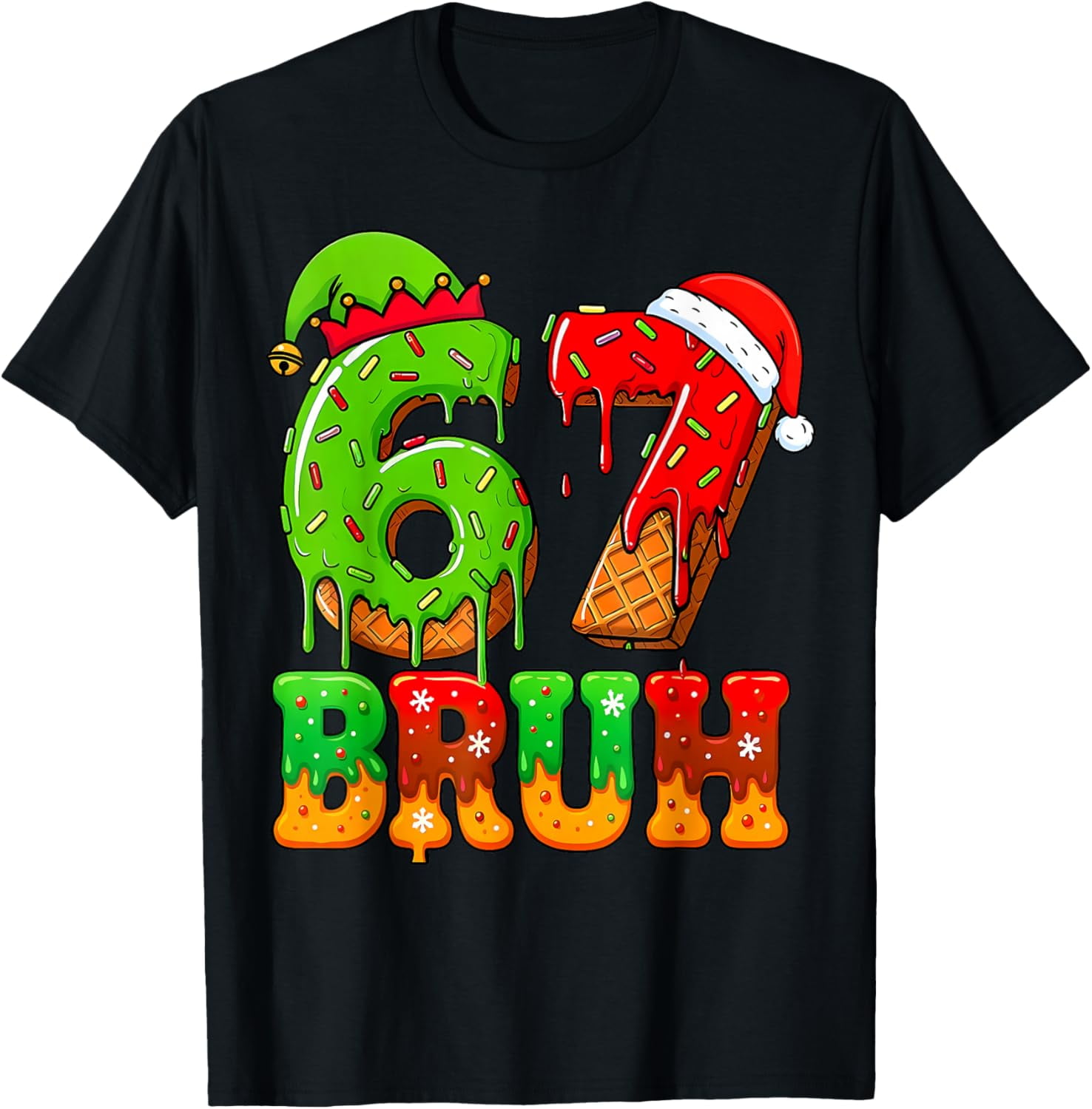 Bruh 67 Six Seven Meme Christmas Santa Elf Ice Cream Drip T-Shirt ...