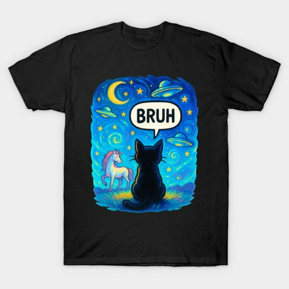 Bruh Cat and Unicorn Night Sky Art Graphic Tee Colorful Cosmic Scene ...
