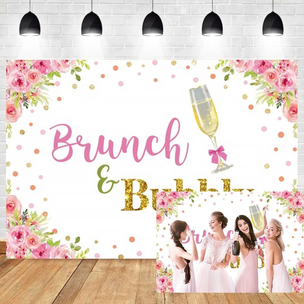 Brunch and Bubbly Bridal Shower Party Backdrop Golden Champagne Pink ...