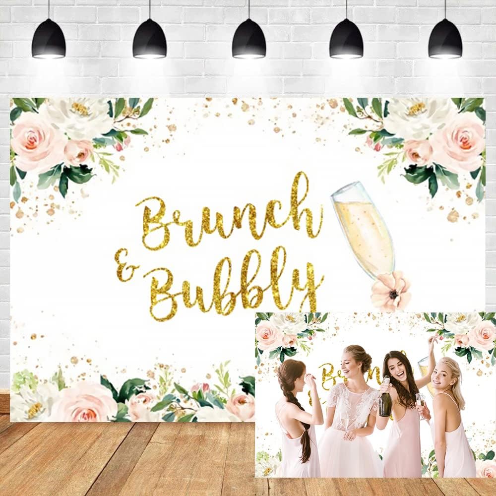 Brunch and Bubbly Bridal Shower Photography Backdrop Pink Floral Green ...