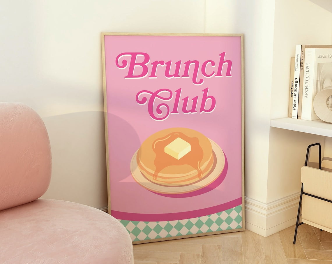 Brunch Club Print, Art, Pink Kitchen Food Decor, Retro Breakfast Art ...
