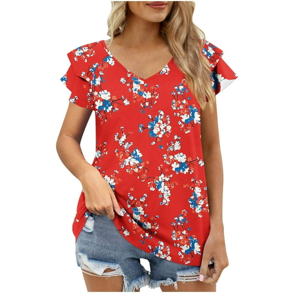 Brunch Tshirts for Women Summer Fall Ruffle Short Sleeve Vneck Print ...