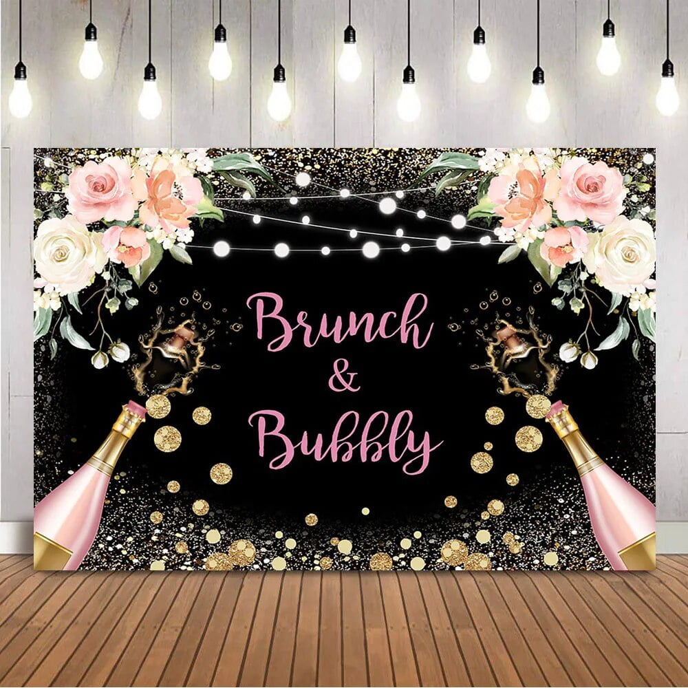Brunch or Bubbly Wedding Backdrop Pink Flowers Gold Glitter Dots ...