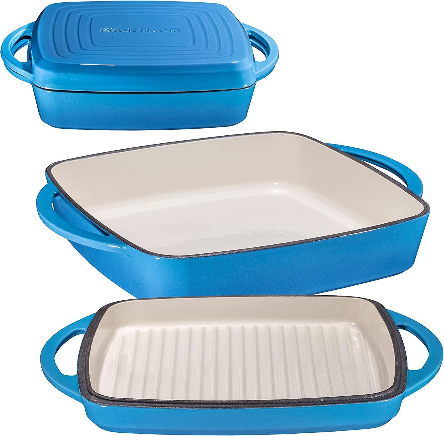 Bruntmor 2-in-1 Enamel Cast Iron Dutch Oven & Skillet Set, Duke Blue ...