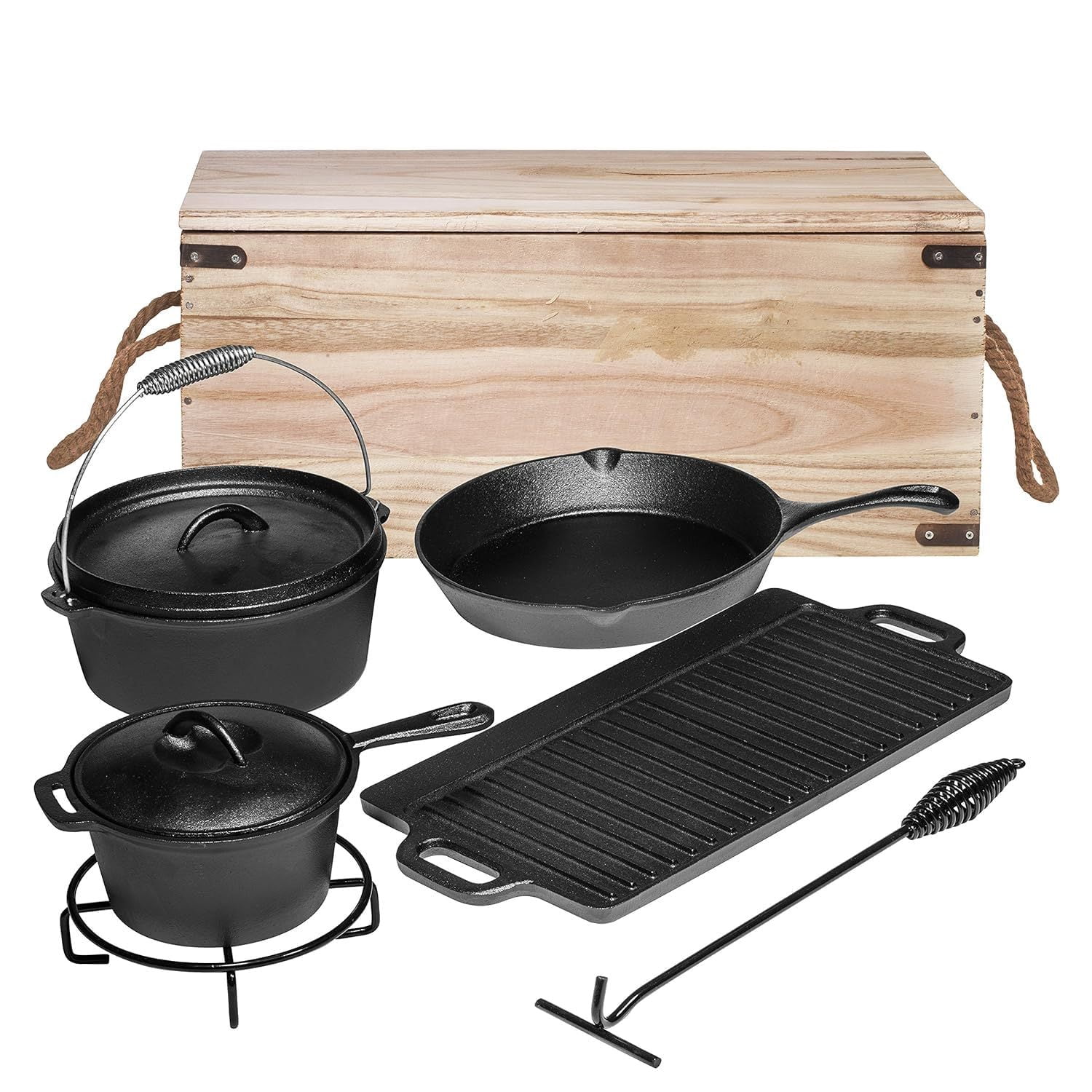 Bruntmor Camping Cooking Set Of 7. Pre Seasoned Cast Iron Pots And Pans ...