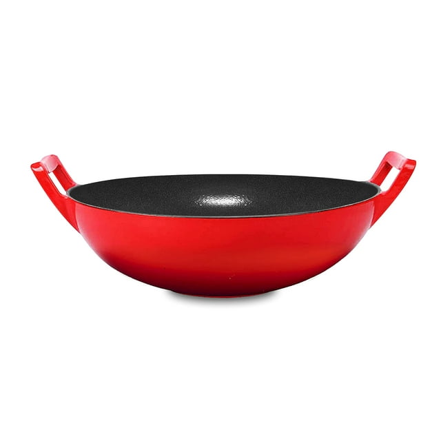 Bruntmor Red 14"" Enameled Cast Iron Wok/Pot. Nonstick Skillet Pan With ...