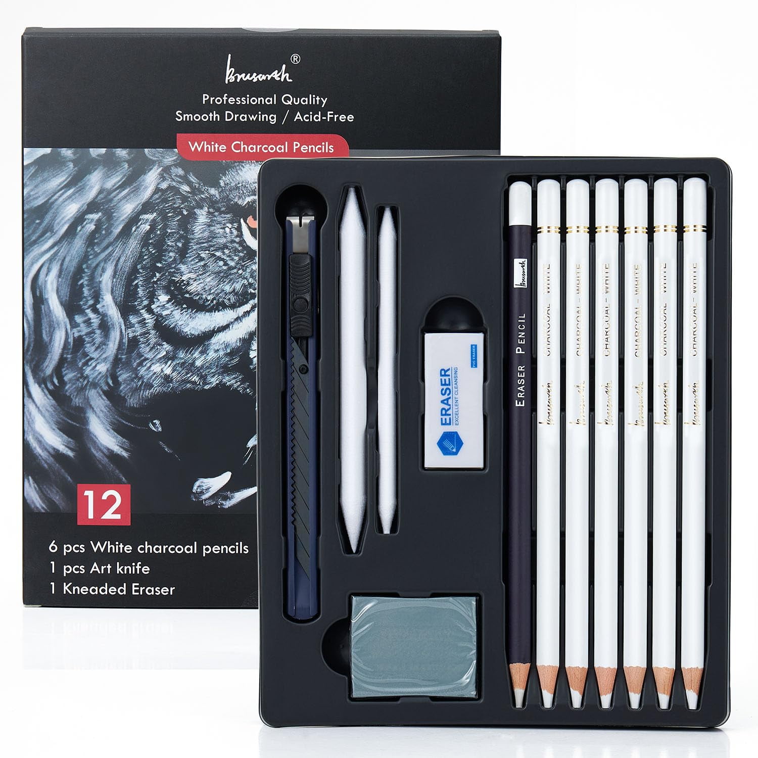Brusarth White Charcoal Pencils Set - 12 Piece White Colored Pencils for Drawing, Sketching ...